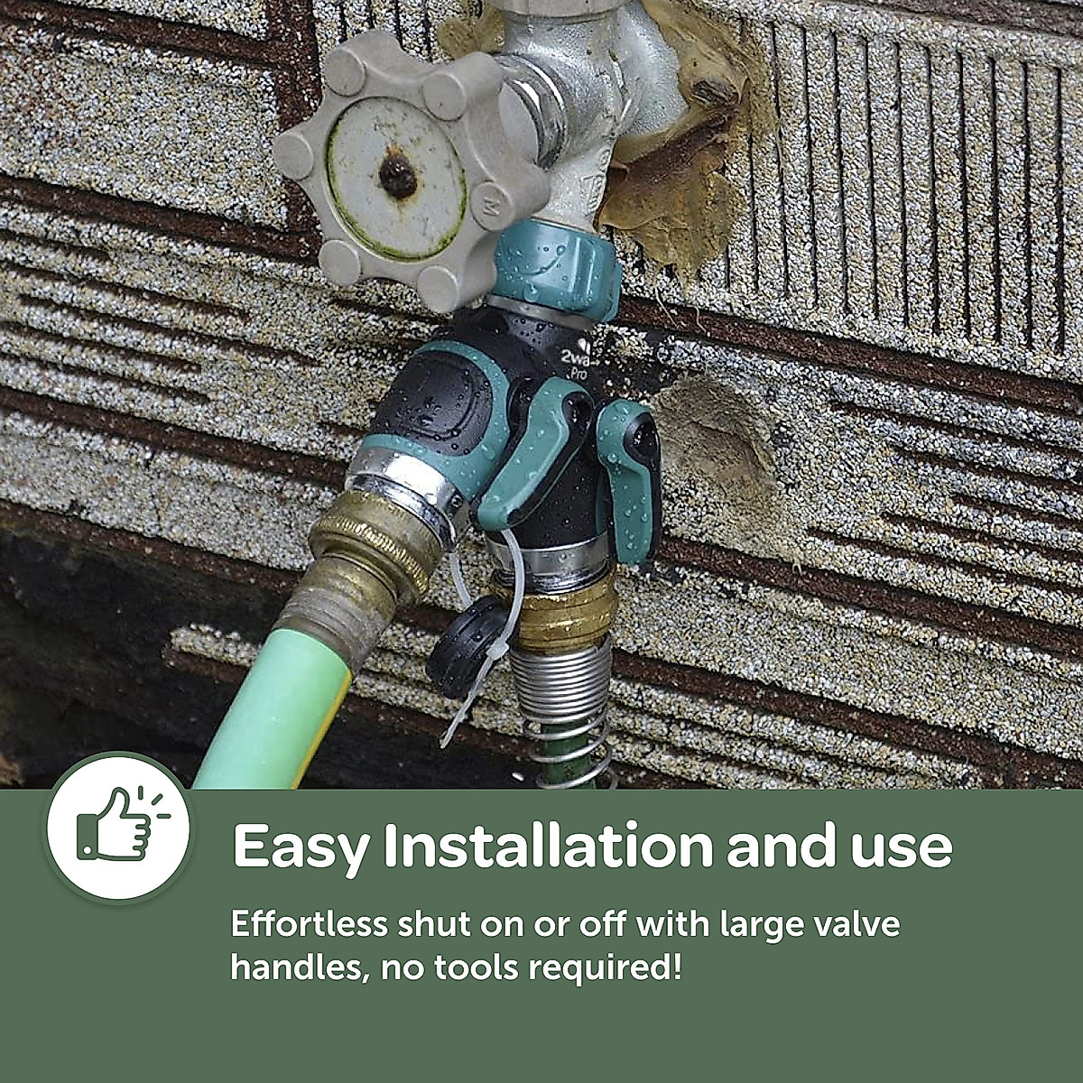 2WAYZ Dual Outlet Water Hose Splitter – Heavy-Duty Brass Y Connector, 360° Rotation, Easy Installation, Leak-Proof Design with Spigot Extender - Ideal for Garden, Washing Machines, Outdoor Faucets