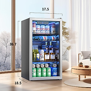 Urbansync Beverage Refrigerator and Cooler, 3.2 Cu.Ft Mini Fridge with Glass Door for Soda Beer or Wine, Freestanding Small Drink Dispenser, Digital Temperature Control, Home, Bar, Office.