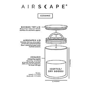 Airscape Ceramic Coffee and Food Storage Canister & Scoop Bundle - Patented Airtight Inner Lid Preserves Food Freshness - Glazed Ceramic Container with Bamboo Top (Small, Obsidian Black & Scoop)