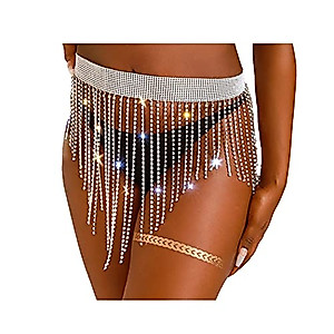 Fstrend Crystal Tassel Body Chains Rhinestone Fringe Skirts Belly Waist Hip Chain Rave Nightclub Jewelry Accessories for Women (Silver)