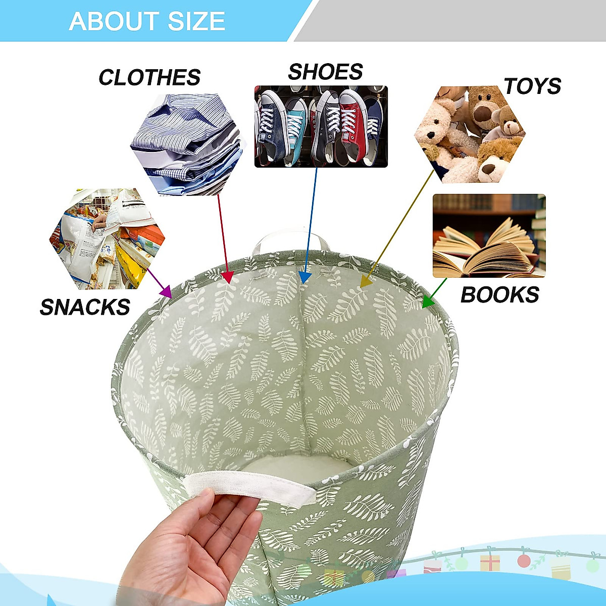 Mziart Large Foldable Laundry Basket Organizer, Collapsible Laundry Hamper Fabric Clothes Toy Storage Basket Nursery Hamper Storage Bin for Household Bedroom, Bathroom, College Dorm (Small White Leaf)