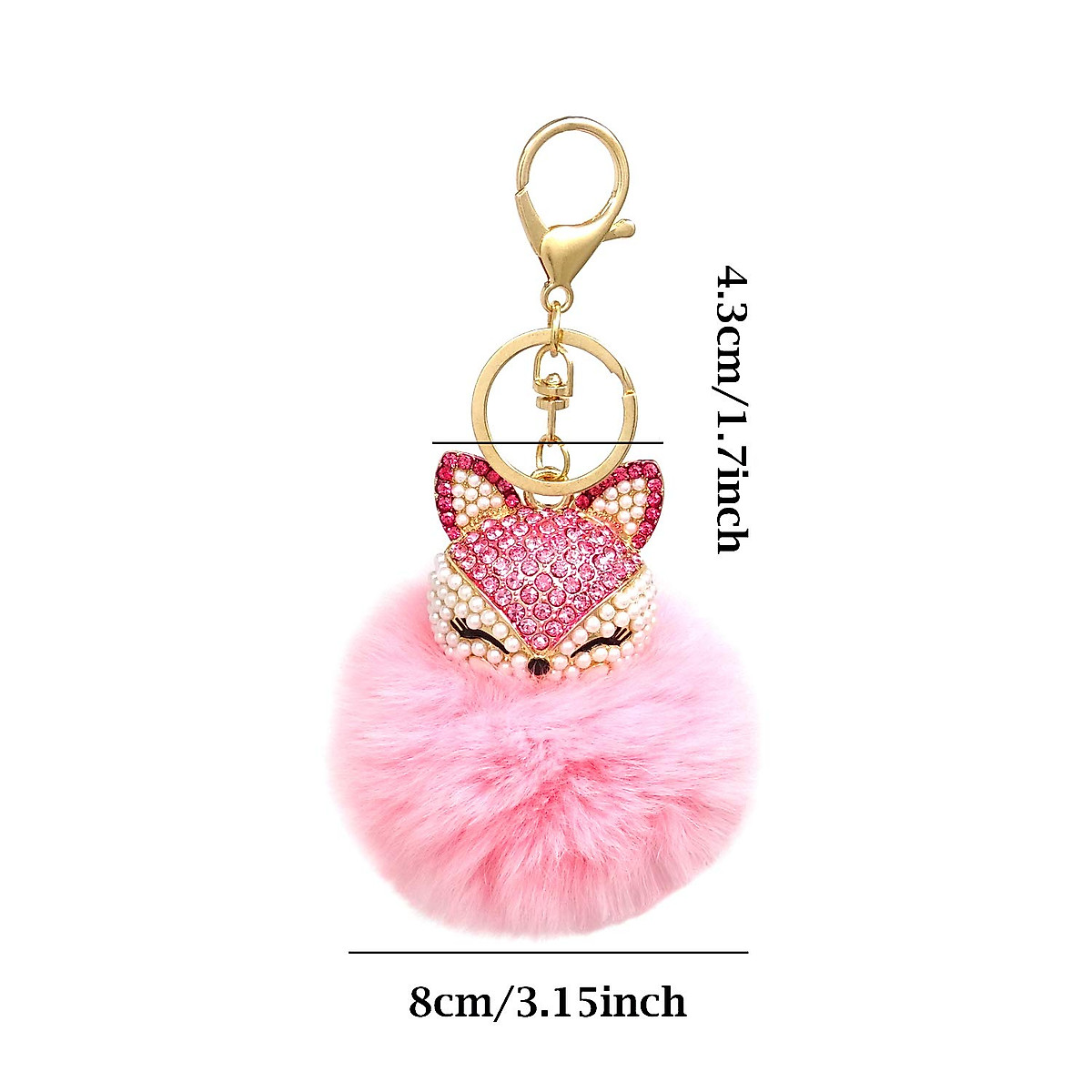 Honbay Faux Rabbit Fur Fluffy Keychain Fashion Fox Head Alloy Keychain Sparkly Rhinestone Handbag Backpack Car Keychain (Pink)