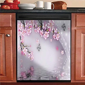 Beautiful Animal Butterflies and Cherry Flowers Clear Dishwasher Door Cover Vinyl Magnetic Bright Color Panel Decal Kitchen Decor Refrigerator Stickers 23" W x 26" H