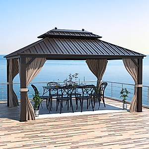 EROMMY 10'x13' Hardtop Gazebo, Galvanized Steel Outdoor Aluminum Canopy with Netting and Shaded Curtains, Double Roof Pergolas, Permanent Metal Pavilion for Patio, Backyard, Deck and Lawns, Brown