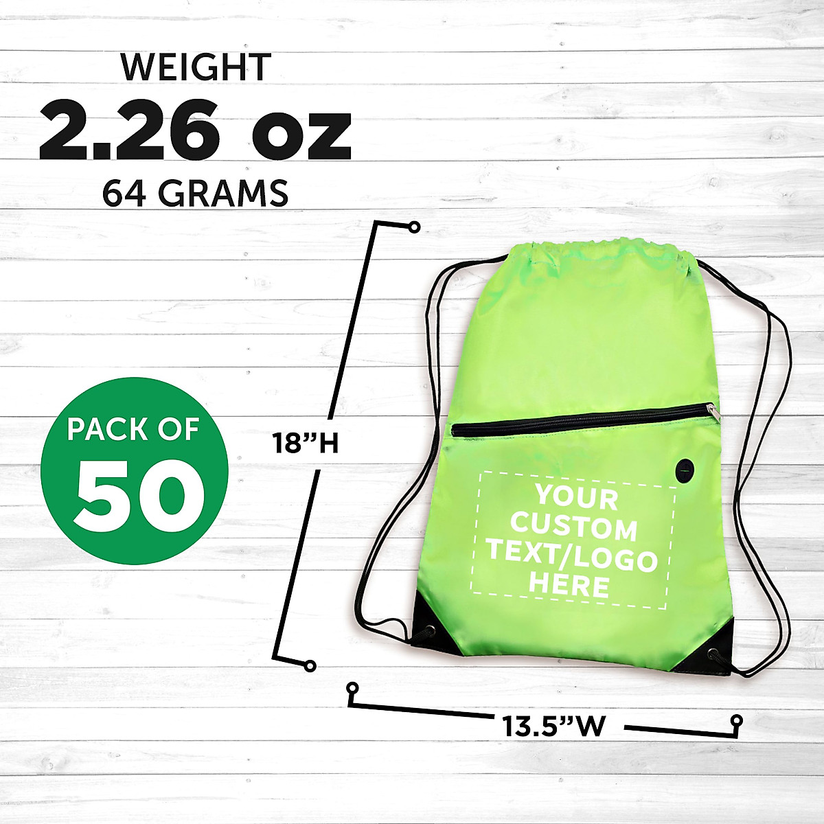 Discount Promos Custom Drawstring BackPacks with Pocket Set of 50, Personalized Bulk Pack - Water Resistant, Perfect for Gym, Camping, Beach, Outdoor Sports - Lime Green