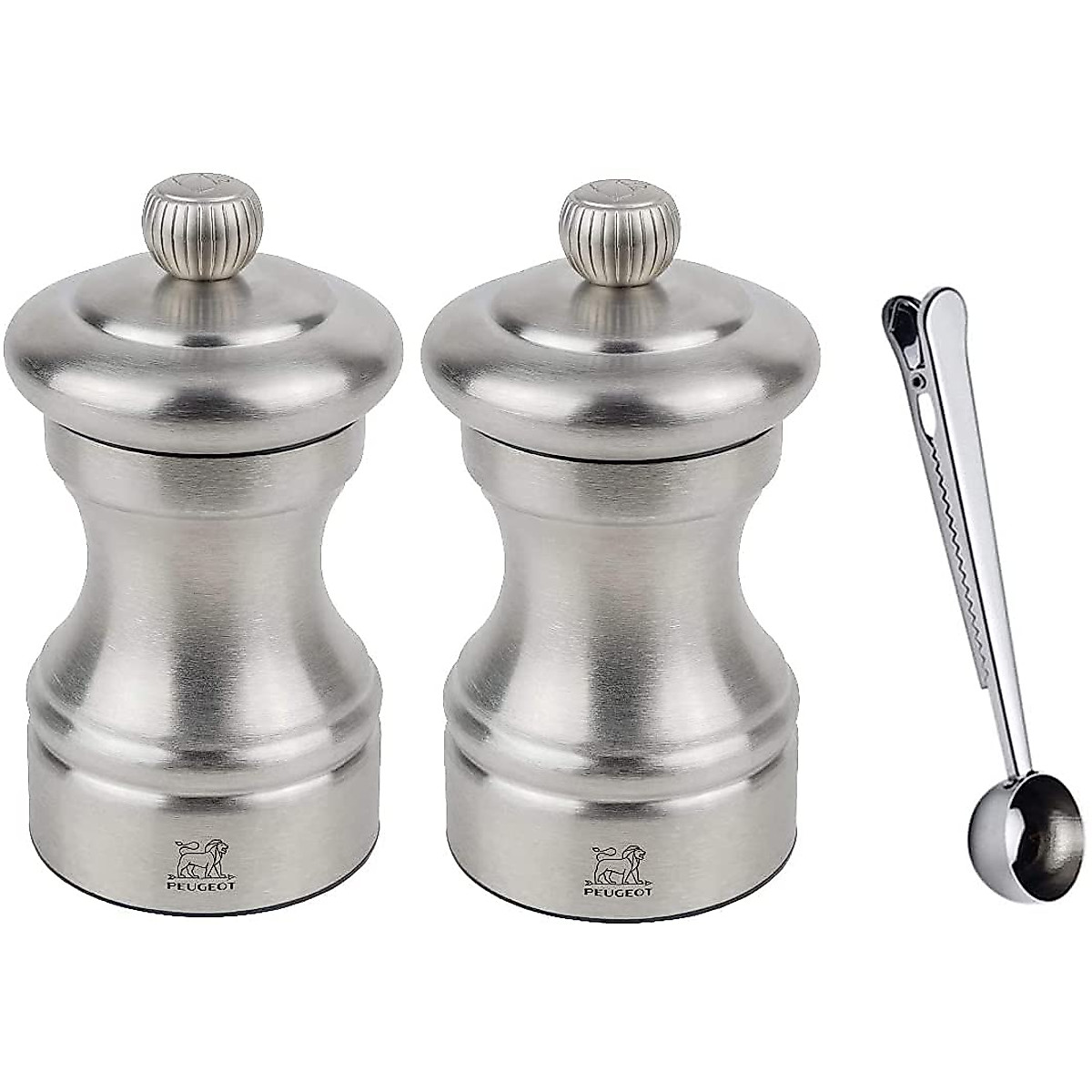 Peugeot Bistro Chef Manual Salt & Pepper Mill Gift Set Stainless Steel 10 cm - 4in - With Stainless Steel Spice Scoop/Bag Clip (Salt & Pepper Mill Set)