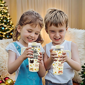 Cat Lover Gifts, 14oz Cat Tumbler With Handle for Kids, Gifts for Cat Lover Girls, Valentines Day Cat Gift for Women Girls, Cat Stainless Steel Tumblers, Just A Girls Who Lovers Cats Mug