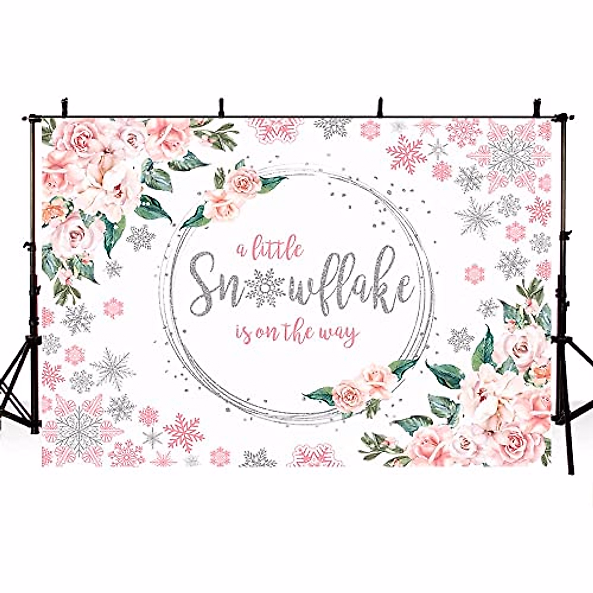 AIBIIN 7x5ft Winter Baby Shower Backdrop for Girl A Little Snowflake is On The Way Baby Shower Decorations Pink Silver Snowflakes Photography Background Banner Photo Props