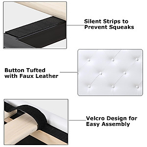 Keyluv Upholstered Platform Bed Frame with Button Tufted Headboard, Faux Leather, Wooden Slats Support, No Box Spring Needed, Easy Assembly, Full Size, White