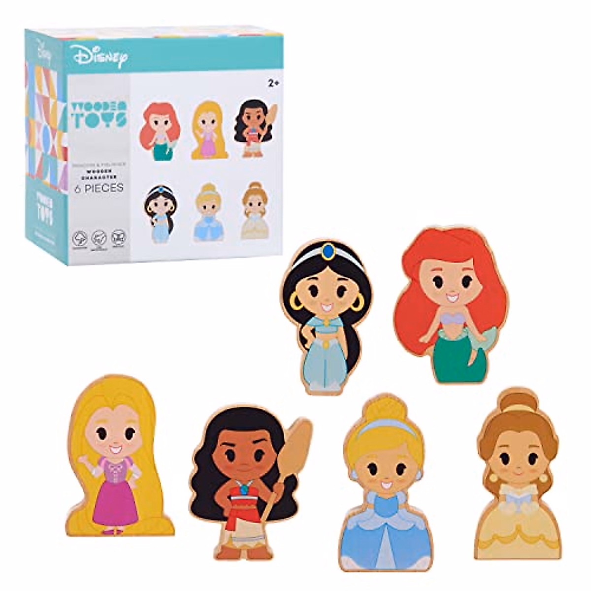 Disney Wooden Toys Just Play Disney Princess Figures 6-Pack, Ariel, Rapunzel, Moana, Jasmine, Belle, and Cinderella, Kids Toys for Ages 2 Up, Amazon Exclusive