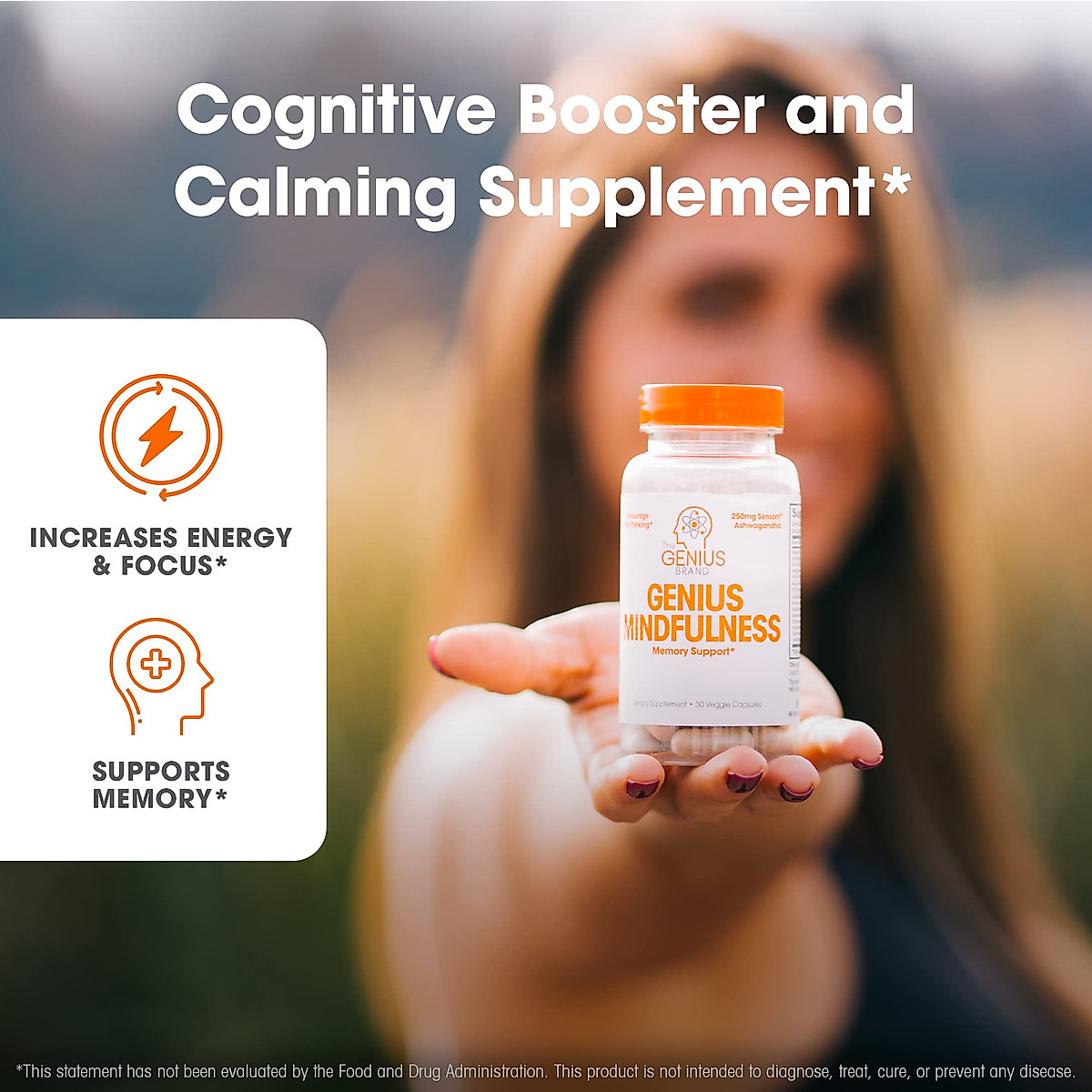 Genius Mindfulness Supplement, Nootropic Cognitive Brain Booster Enhances Memory, Focus & Energy - Natural Calming Supplement with Ashwagandha, NeuroFactor, & Blueberry Extract - 30 Veggie Capsules