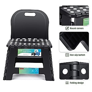 ACSTEP Folding Step Stool, Include Extra Wide Heavy Duty Stepping Stool and Back Support Foldable Step Stool Black