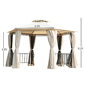 13' x 13' Double Canopy Gazebo with Netting and Shaded Curtains, Outdoor Gazebo 2-Tier Hardtop Galvanized Iron Aluminum Frame for Parties Backyard, Patio, Garden, Event, Beige