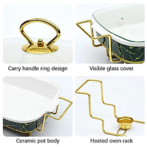 HONHPD 3PCS Rectangular Porcelain Casserole Warming Trays for Food, Ceramics Chafers, and Buffet Warmers Sets, Ceramics Chafing Dish Buffet Set, Green Marble Finish (11inch.13inch.15inch）