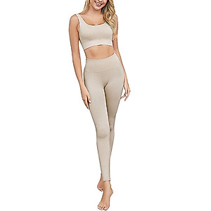 Jetjoy Exercise Outfits for Women 2 Pieces Ribbed Seamless Yoga Outfits Sports Bra and Leggings Set Tracksuits 2 Piece