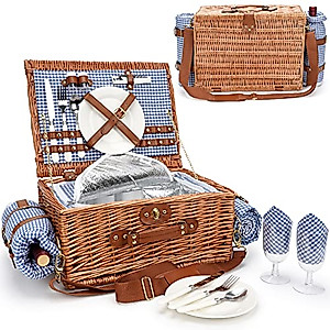 Picnic Baskets for 2, Picnic Basket with Waterproof Blanket, Picnic Basket Set with Washable Beach Mat & Large Insulated Cooler Compartment, Handmade Natural Wicker Hamper for Camping, Outdoor Party