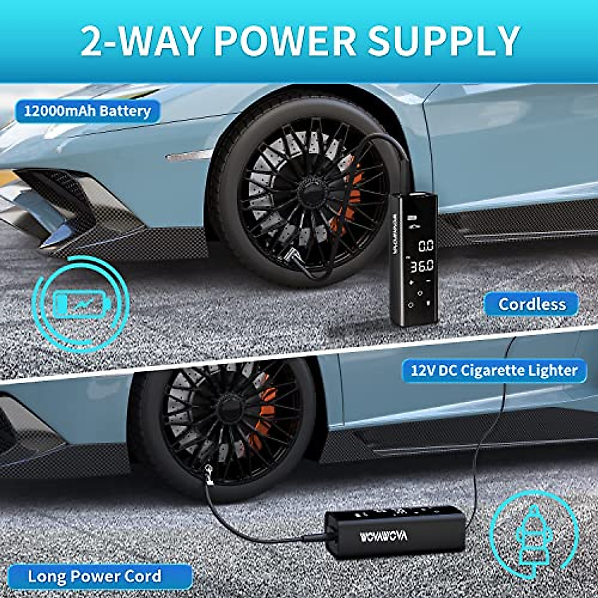 WOVAWOVA Tire Inflator Portable Air Compressor,12000 mAh Air Pump,150PSI Cordless & 12V DC Dual Power Supply,2.5X Faster Inflation,7.4'' Touch Full Screen,Tire Pump for Car/Motorcycle/Bike/Ball