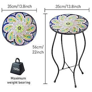 Paytonture Patio Side Table Outdoor Mosaic Table Accent Coffee Table,Plant End Table Small Porch Purple Table Indoor,Round Glass Balcony Small Porch Plant Stands for Garden Patio Living Room 14 Inch