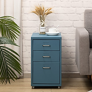 HollyHOME 3 Drawer Mobile Storage Cabinet, Metal Storage Dresser Cabinet with Castor Wheels, Small Organization Chest for Home Office, Easy Assembly Without Screws, Dark Blue