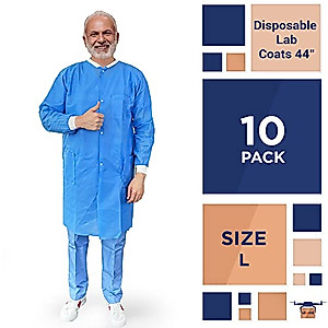 EZGOODZ Blue Disposable Lab Coats for Adults, Large. Pack of 10 SMS Disposable Coats Medical with Snaps, Knit Cuffs, Collar, 3 Pockets. Waterproof and Breathable 40 GSM Painting Lab Coats