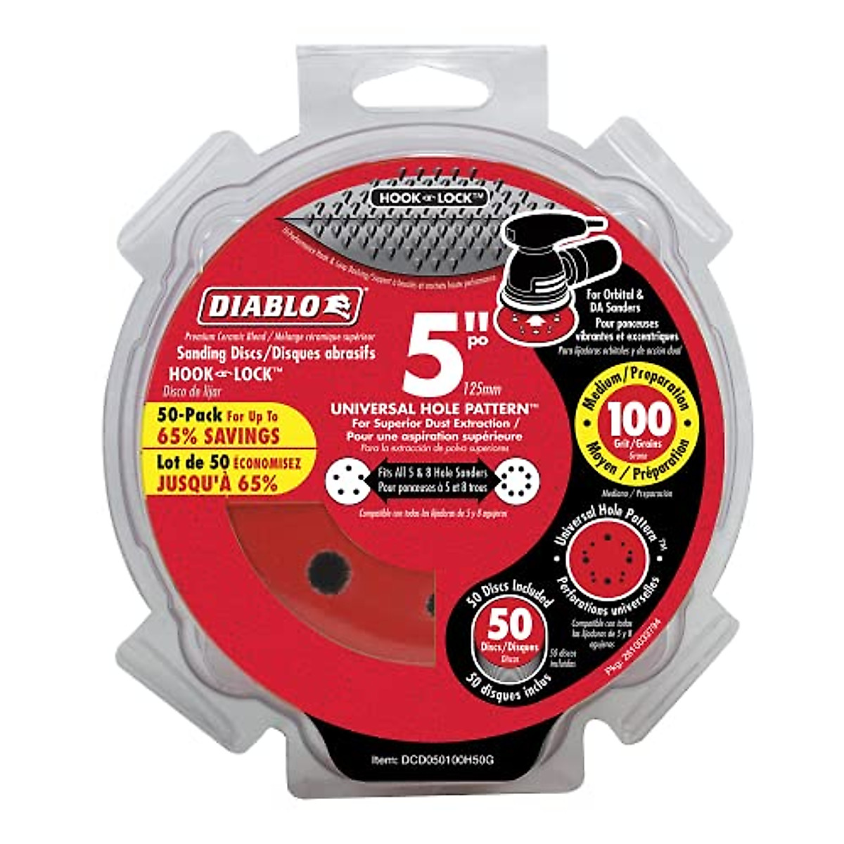 Diablo DCD050100H50G 5 in. 100-Grit Universal Hole Random Orbital Sanding Disc (50-Pack)
