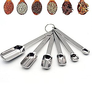 Heavy duty stainless steel metal measuring spoon for dry or liquid, suitable for seasoning pot, perfect for baking and cooking-professional quality, engraved in US and metric sizes (6 pieces)