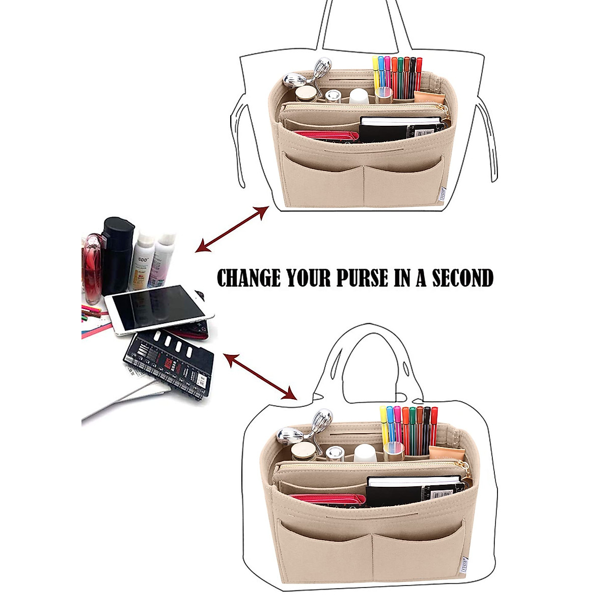 LEXSION Felt Purse Bag Organizer Insert with zipper Bag Tote Shaper Fit Speedy Neverful PM MM 8021 Beige M