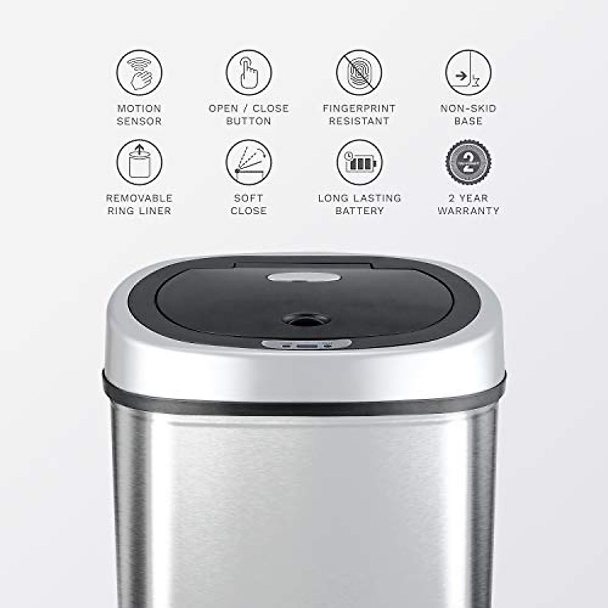 NINESTARS DZT-42-9 Automatic Touchless Infrared Motion Sensor Trash Can, 11 Gal 42L, Stainless Steel Base (Oval, Silver/Black Lid)