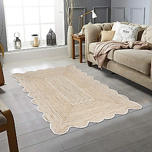 CASAVANI Scalloped Collection Rectangular Area Rug - 4' x 8', Beige Scallop Geometric Jute Rug Ideal for High Traffic Areas in Dining Room, Living Room, Bedroom