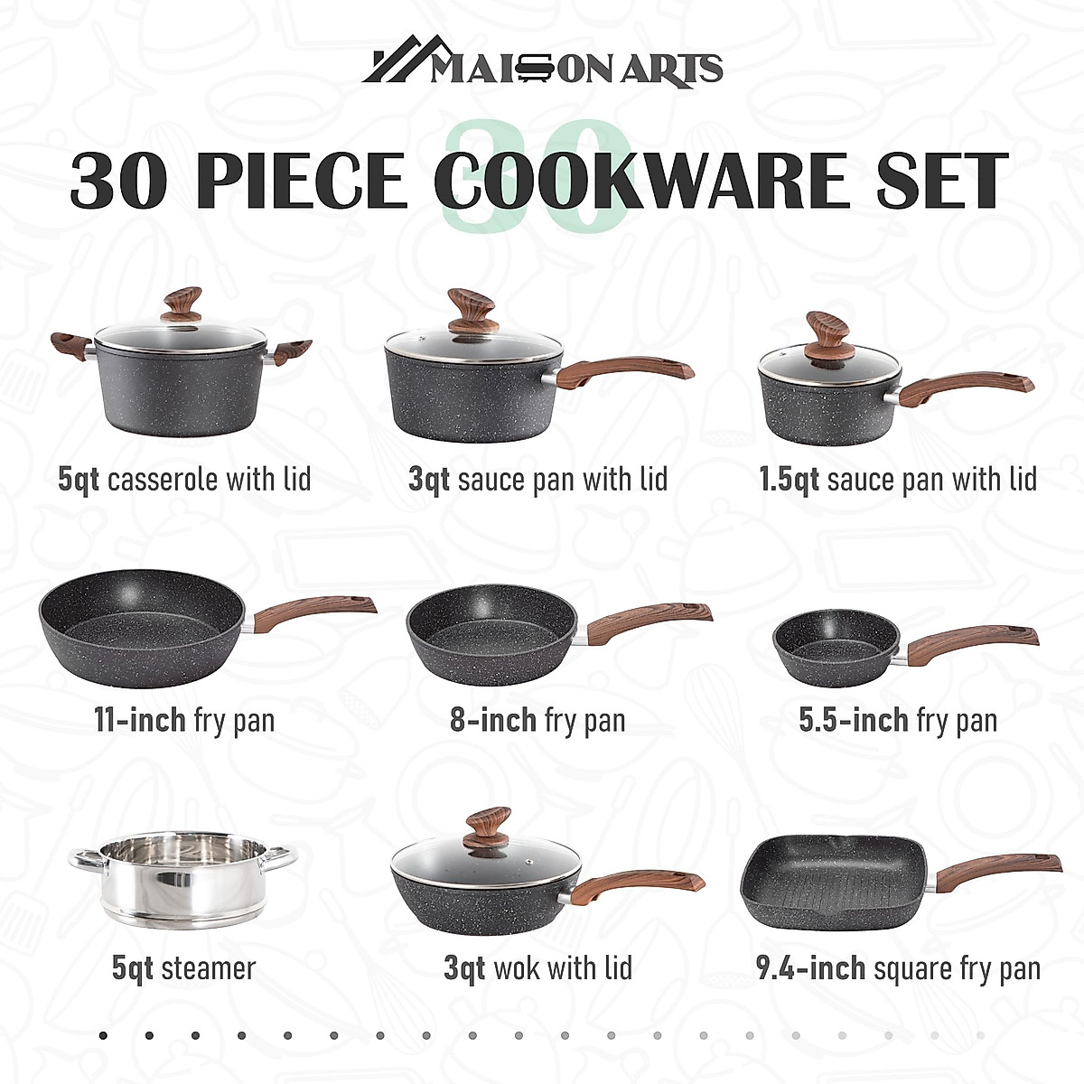 MAISON ARTS 30-Piece Pots and Pans Set - Kitchen Cookware & Bakeware Sets with Nonstick Granite Coating, Baking Pans and Frying Pans set