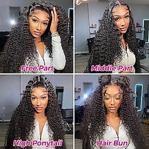 Pizazz 13x4 Human Hair Lace Front Wigs for Black Women Glueless 180 Density HD Transparent Deep Wave Frontal wig with Baby Hair Pre Plucked Bleached Knots(14 Inch, Black color)