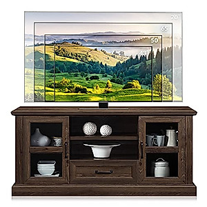 BELLEZE 62" Rustic Modern Sideboard Buffet Storage with Window Pane Glass Cabinet Doors and Adjustable Shelves - Trussati (Dark Walnut)