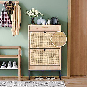 Yechen Shoe Rack Storage Organizer with 2 Natural Rectangular Rattan Doors, Entryway Wooden Shoe Cabinet for Sneakers, Leather Shoes, High Heels, Slippers (1 Piece, Oak)