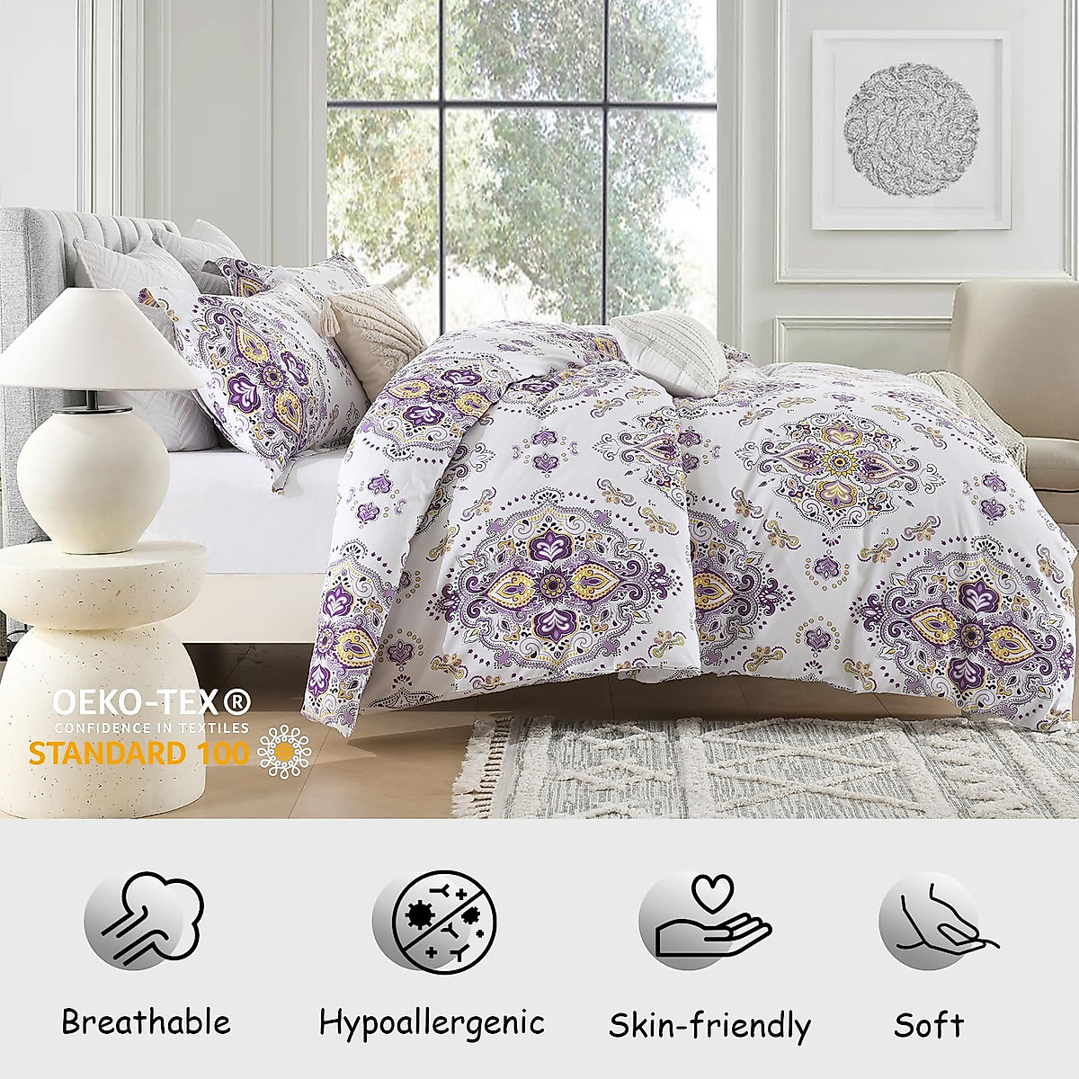 Bedduvit 100% Cotton Duvet Cover Queen Size - Purple Damask Queen Duvet Cover Set, Soft Cozy Paisley Pattern All Season Bedding Comforter Sets with Zipper Closure & 8 Ties (90"x90")