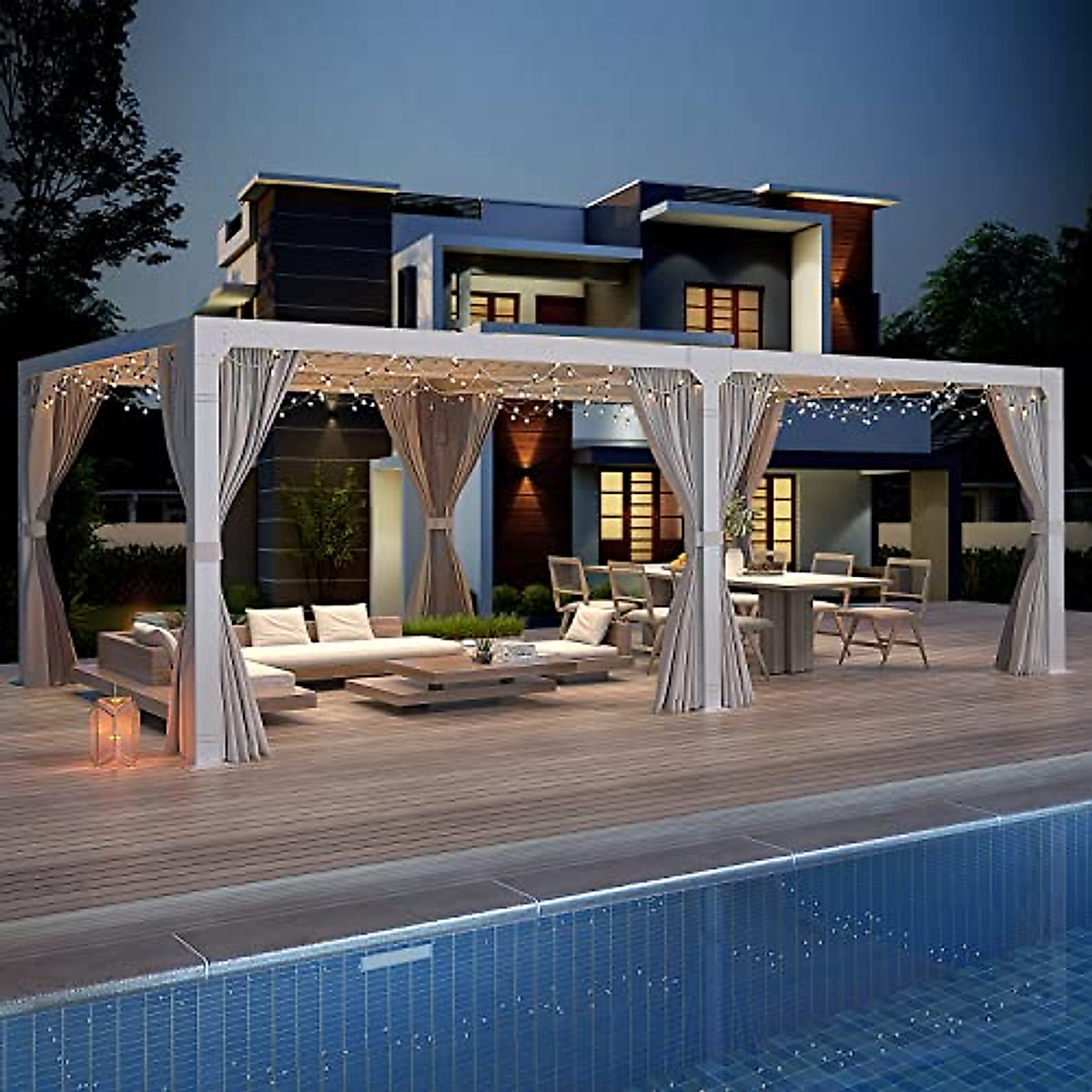 Erinnyees 10'×20' Outdoor Louvered White Pergola with Adjustable Aluminum Rainproof Roof, Patio Hardtop Gazebo Sun Shade Shelter for Beach Deck Patio Garden Yard, Including Curtains and Netting