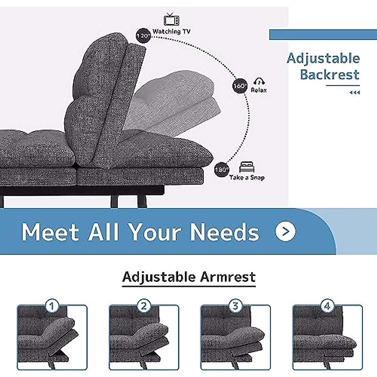 wOod-it Futon Sofa Bed, Memory Foam Foldable Couch Convertible Loveseat Sleeper Daybed with Adjustable Armrests for Small Space, Compact Living Room, Studio, Office, Apartment (Dark Gray)