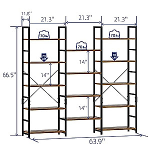 NUMENN Triple Wide 5 Tier Bookshelf, Rustic Industrial Style Bookcases and Bookshelves with 14 Open Display Shelves, Modern Tall Bookcase Furniture for Bedroom, Living Room and Home Office, Vintage