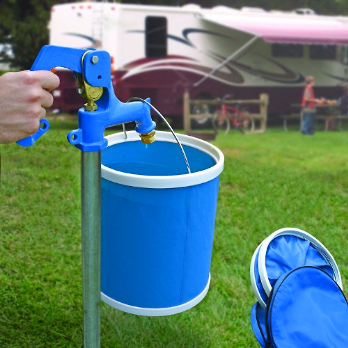 Camco Collapsible Bucket with Storage Case- Durable Pop Up Bucket with Watertight Fabric, Holds 3 Gallons of Water - Great for RVs, Camping, Fishing, Boating, Hiking and More - Blue (42993), Blank Ski