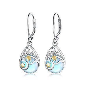 SVODEA Moonstone Moon Star Earrings for Women,925 Sterling Silver Crescent Moon Star Drop Dangle Earrings,Anniversary Birthday Jewelry Gift for Women Mom Wife