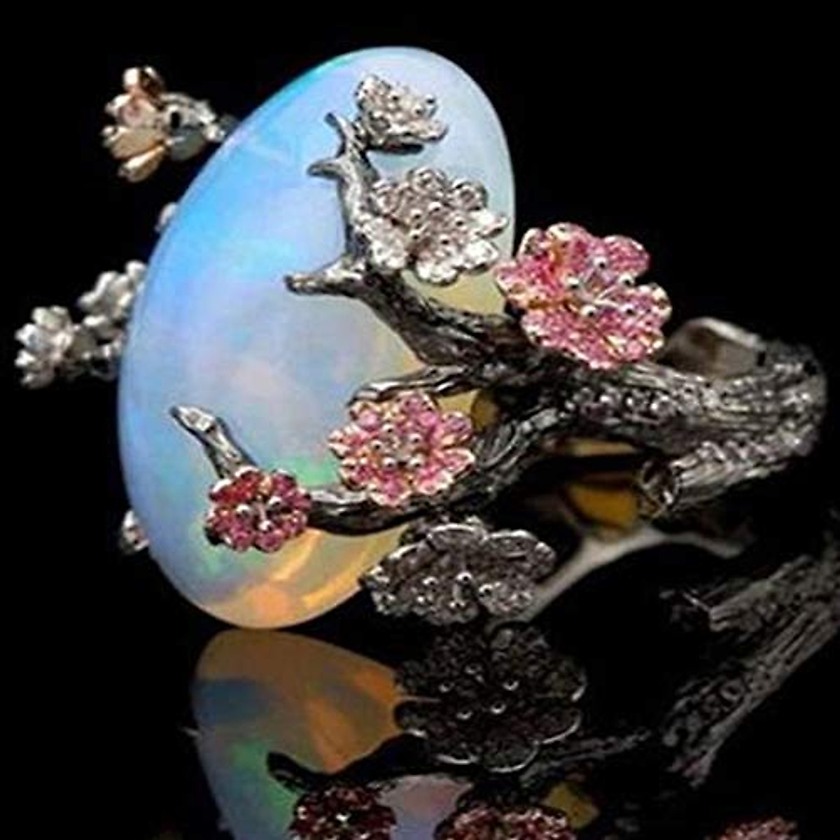 shiYsRL Exquisite Jewelry Ring Love Rings Vintage Women Faux Opal Plum Blossom Flower Two Tone Finger Ring Jewelry Gift Wedding Band Best Gifts for Love with Valentine's Day - US 6