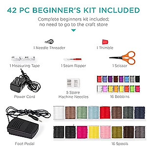 Best Choice Products Compact Sewing Machine, 42-Piece Beginners Kit, Multifunctional Portable 6V for Beginner w/ 12 Stitch Patterns, Light, Foot Pedal, Storage Drawer - Gray/White