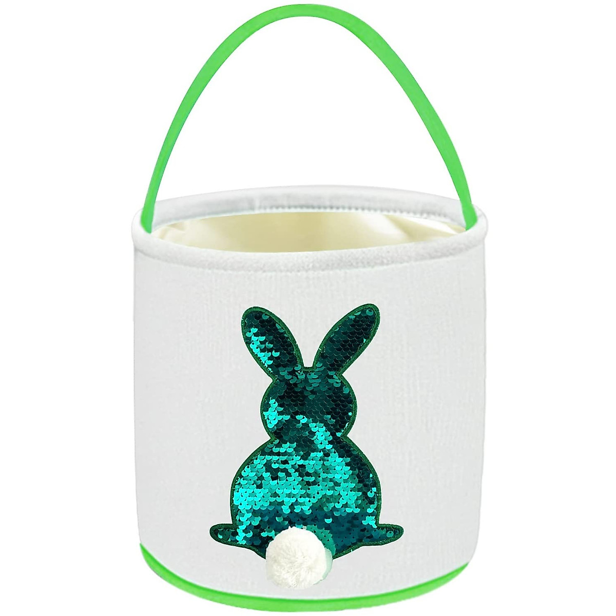 Jolly Jon Easter Bunny Basket Bag - Pink to Silver Sequin Colors - Kids Easter Egg Hunt Baskets - Color Changing Reusable Party Bags - Rabbit with Cotton Tail Canvas Tote