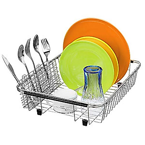 WEGAP Dish Drying Rack Over or in Sink, on Countertop with Wire Utensil Holder, Adjustable Handle Drying Dish Drainer Dish Rack, Storage Organizer for Kitchen,