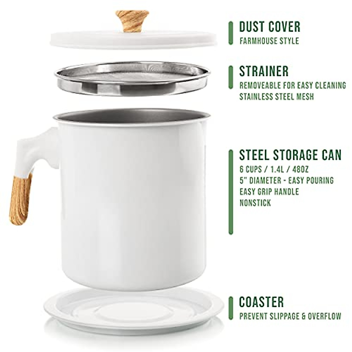 MyMoon Home Bacon Grease Container (48oz / 1.4L) Iron Cooking Oil Storage Can with Strainer - Non-Stick, 5 Inch Diameter for Easy Pouring - Oil Strainer Pot