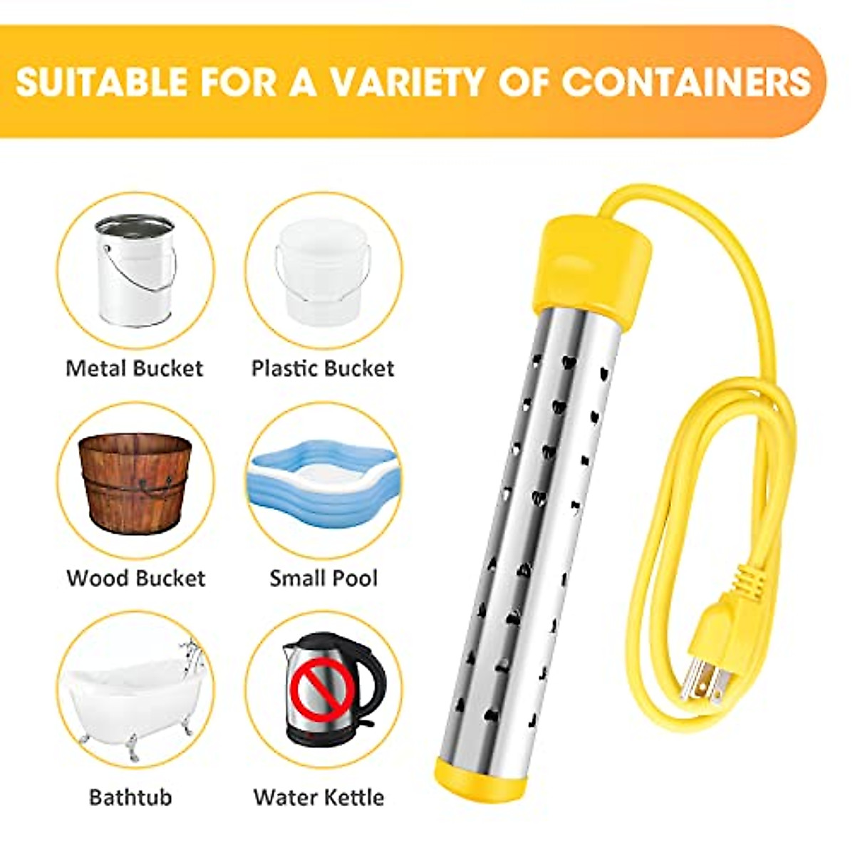 Portals Hardware Immersion Water Heater for Boiling Bath Water,Portable Electric 304 Stainless with Guard Cover -LCD Thermometer MotorhomeTub,Boiling 5 Gallon Bucket of in Minutes (Yellow)