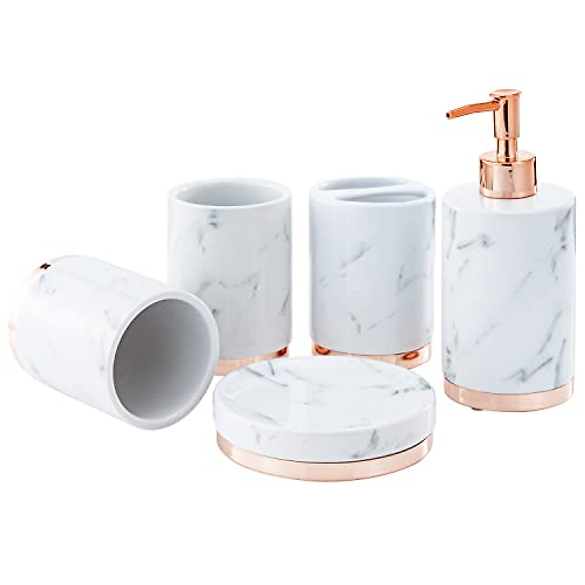 MyGift 5 Piece Modern White Ceramic Bathroom Accessory Set with Marbled Design and Rose Gold Accents, Includes Lotion Pump Dispenser, Toothbrush Holder, Tumbler and Soap Dish