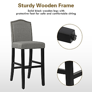 LSSBOUGHT Bar Stools Set of 2, 29 Inch Upholstered Fabric Barstool with Back Solid Wood Legs Nail Head, Bar Chairs for Home Kitchen Island Dinning Room, Grey
