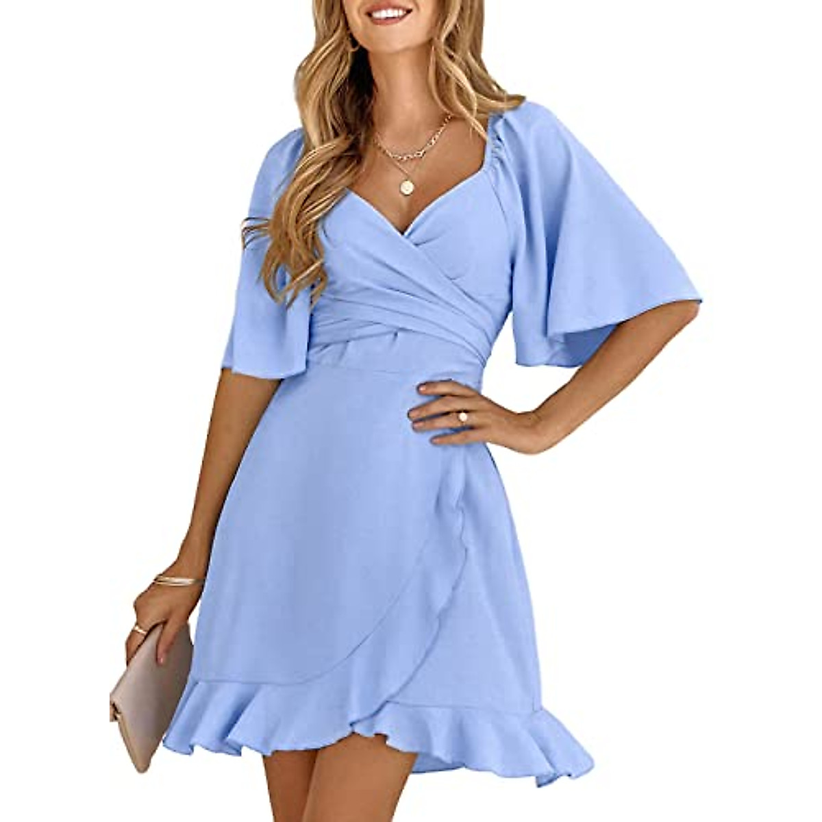 Dokotoo Women's Wrap V Neck Short Flared Sleeve Smocked Elastic Waist Tiered Belted Ruffle Hem Party Short Dress Sky Blue S