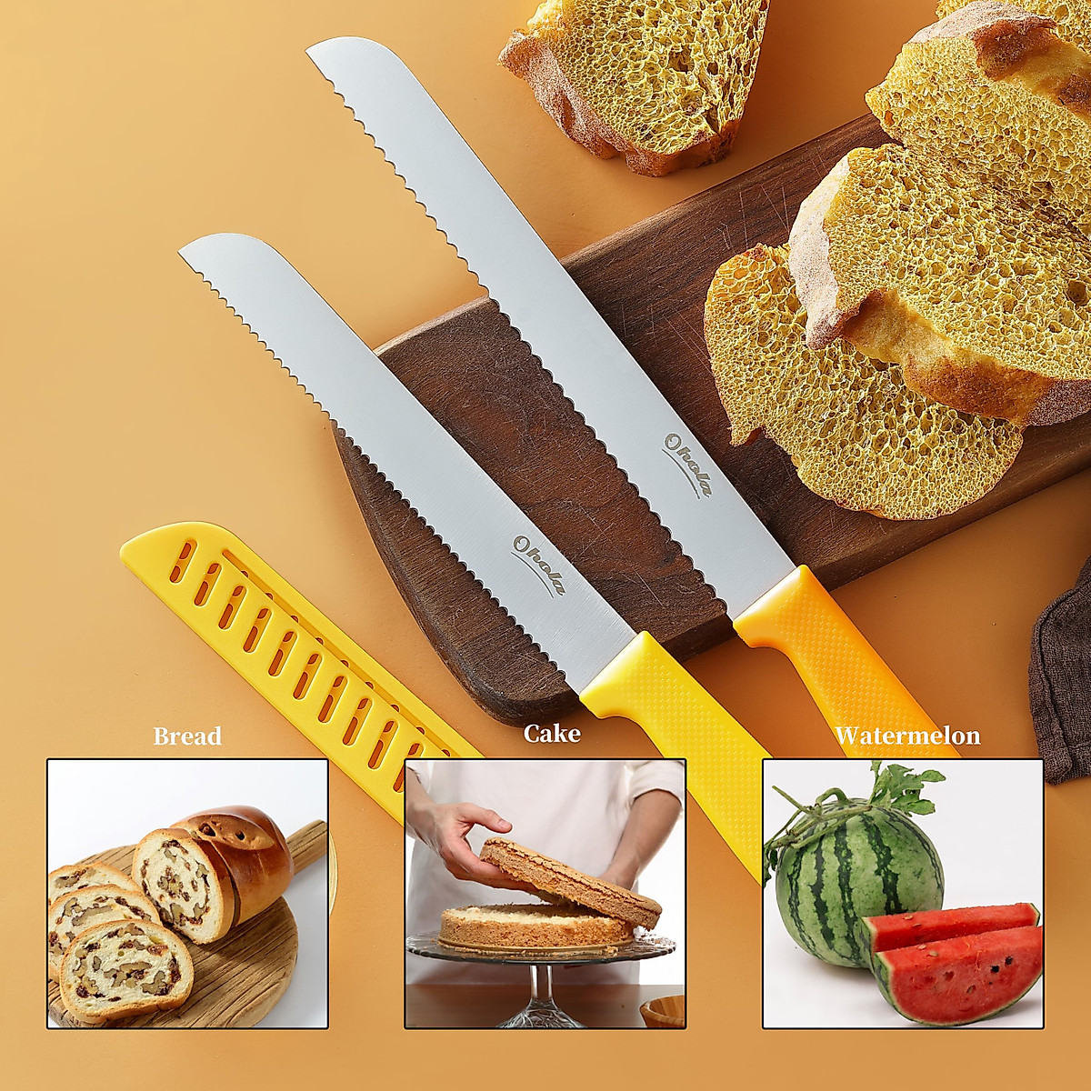 2PCS Bread Knives, Ohola 9 inch Orange Handle Bread Knife & 8 inch Yellow Handle Bread Knife, Serrated Bread Knife Cutter for Slicing Homemade Bread, Bagels, Cake (Matched Knife Sheath Included)