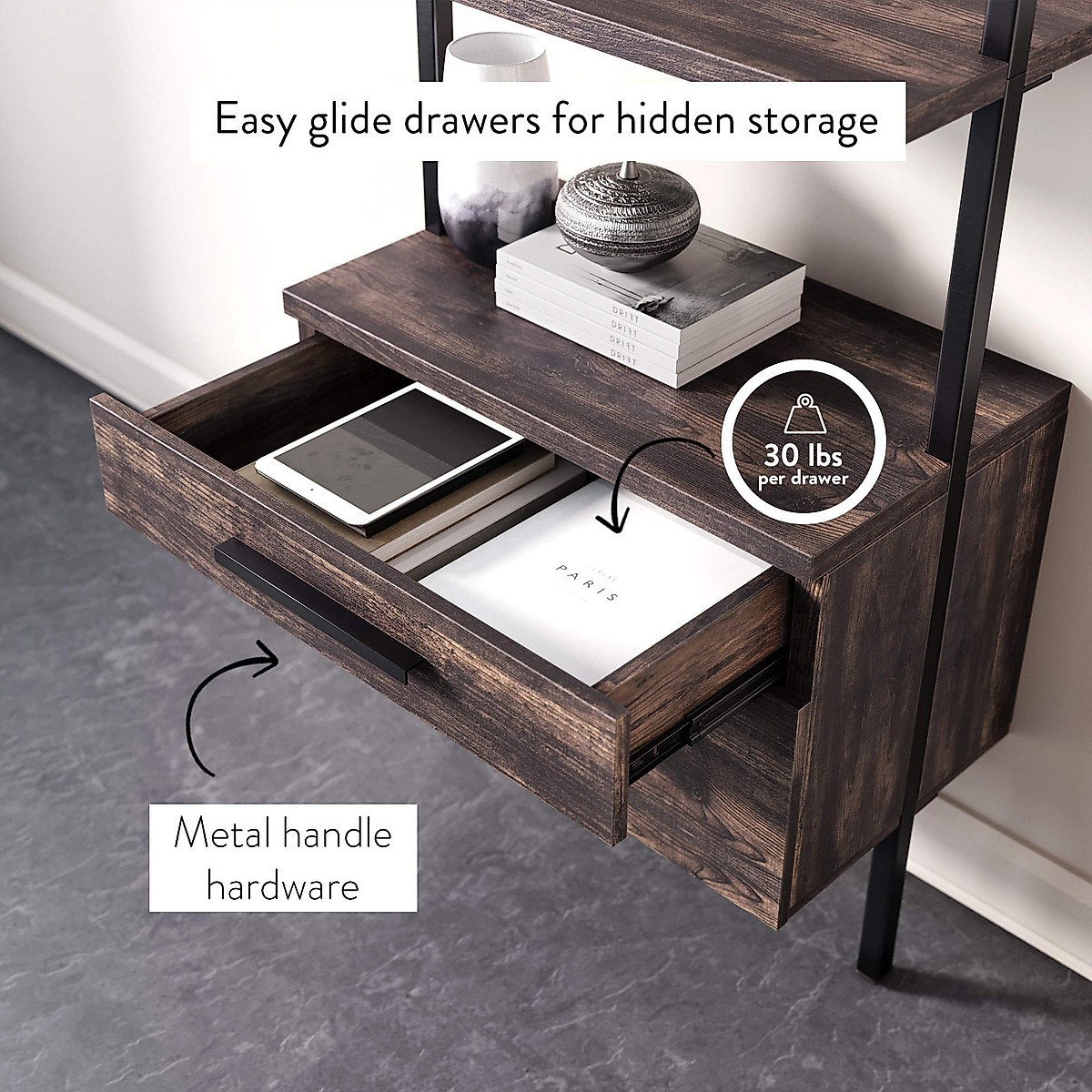 Nathan James Theo Industrial Bookshelf with Wood Drawers and Matte Steel Frame, 3-Shelf, Nutmeg/Black